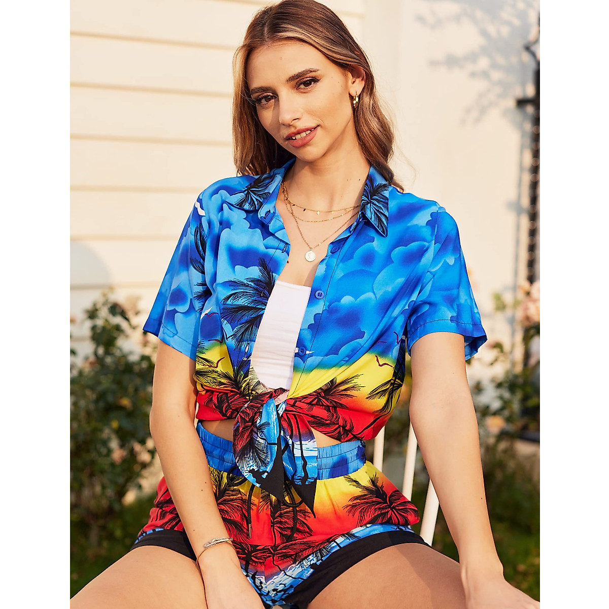 COOFANDY Womens Floral Blouse Set Hawaiian 2 Piece Outfit Button Lounge Beach Tracksuits