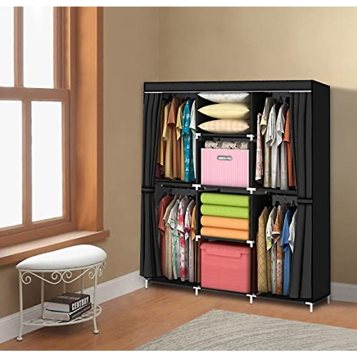 YOUUD Portable Closet Wardrobe Storage Closet Clothes Portable Wardrobe Storage Closet Organizer Portable Closets Wardrobe Closet Organizer Shelf Wardrobe Clothes Organizer Standing Closet Black…