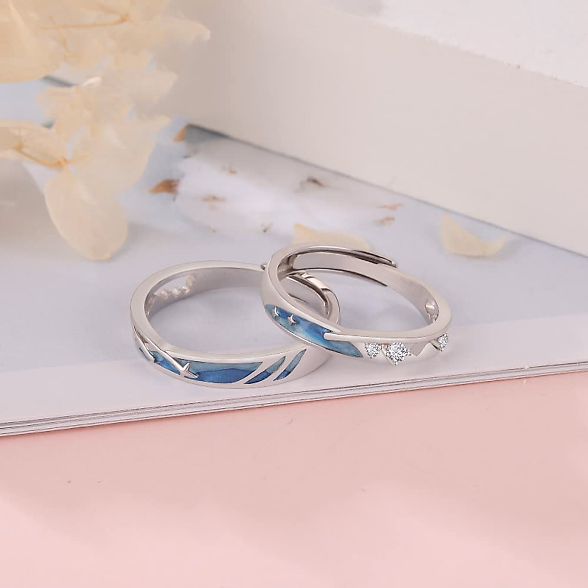 Meteor Shower Matching Couple Rings for Him and Her Sterling Silver 925 Crystal Cubic Zirconia Starry Sky Lucky Star Engagement Wedding Ring Promise Ring Statement Band Adjustable Finger Bands Set