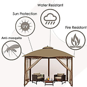 Gazebo Universal Replacement Mosquito Netting – Hugline 10' x 12' Outdoor Mesh Netting Screen 4-Panel Sidewall Curtain with Zipper (Khaki)