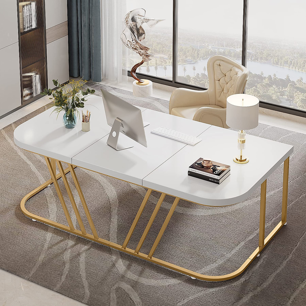 Tribesigns 63" Executive Desk, Large Home Office Desk with Metal Frame, Modern Wood Study Writing Computer Desk Conference Table for Home Office, White & Gold