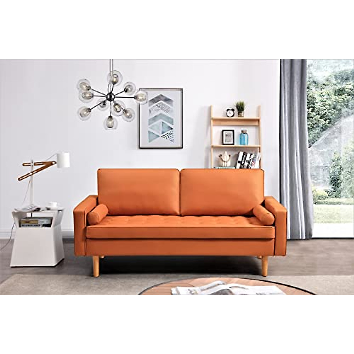 Container Furniture Direct 2-Piece Set Faux Leather Sofa for The Modern Living Room with Removable Cushions and Solid Wood Legs, Luxury Style Button-Tufted Loveseat and Couch, Red Orange