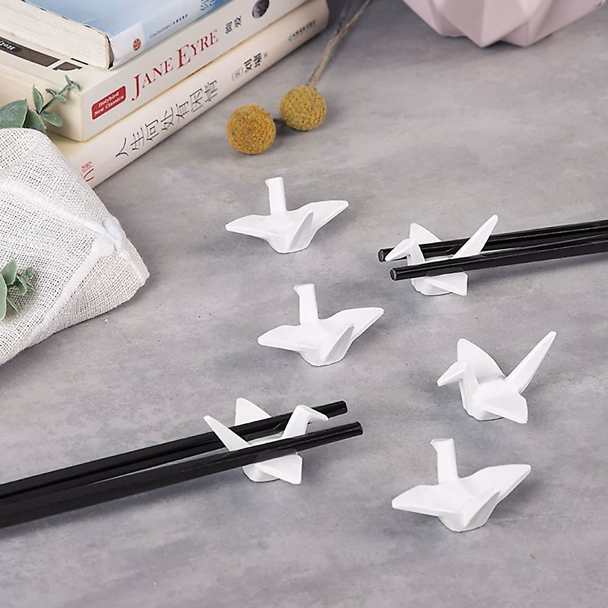 ChezMax Pack of 6 White Porcelain Crane Chopsticks Rest Set Spoon Forks Knives Tableware Rest Holder White