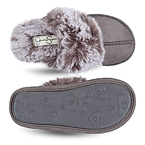 Jessica Simpson Girls Comfy Slippers - Cute Faux Fur Slip-On Shoes Memory Foam House Slipper, Grey, X-Large Little Kid