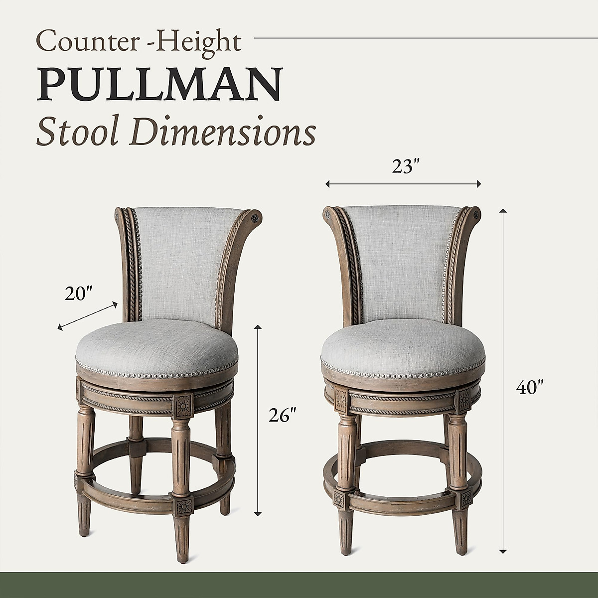 Maven Lane Pullman 26 Inch Tall Counter Height Upholstered Barstool with Back in Reclaimed Oak Finish with Ash Grey Fabric Cushion Seat, Set of 3