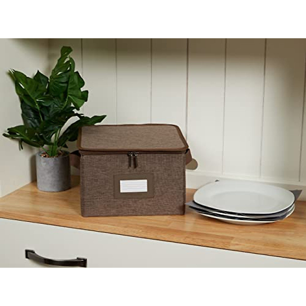 Covermates Keepsakes Dish Storage Box – Stackable, Reinforced Handles, China Storage-Brown Heather