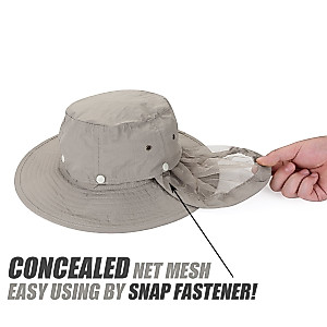 USHAKE Head Net Hat, Safari Hat Sun Hat Bucket Hat with Hidden Net Mesh Khaki