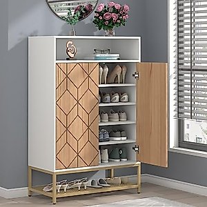 Gyfimoie Shoe Organizer with Doors, Shoe Storage Cabinet with Adjustable Shelves for Entryway, 7-Tier Entryway Shoe Rack Storage for Hallway, Closet, Living Room (White)