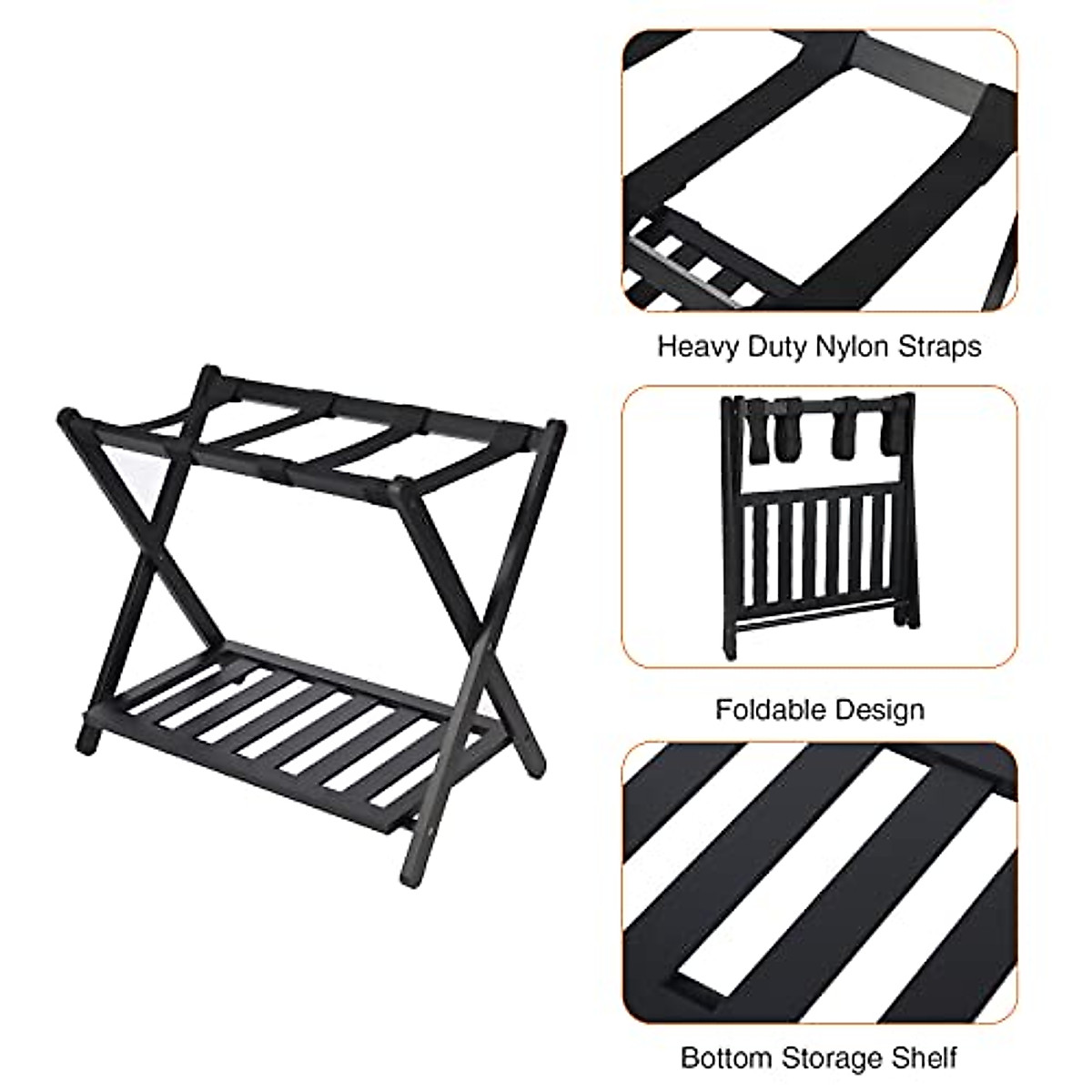 AKVOMBI Folding Luggage Racks for Guest Room, 2 Tier Suitcase Holder Stand with Shelf, Luggage Stand with Heavy Duty Nylon Belts for Bedroom, Hotel, Black