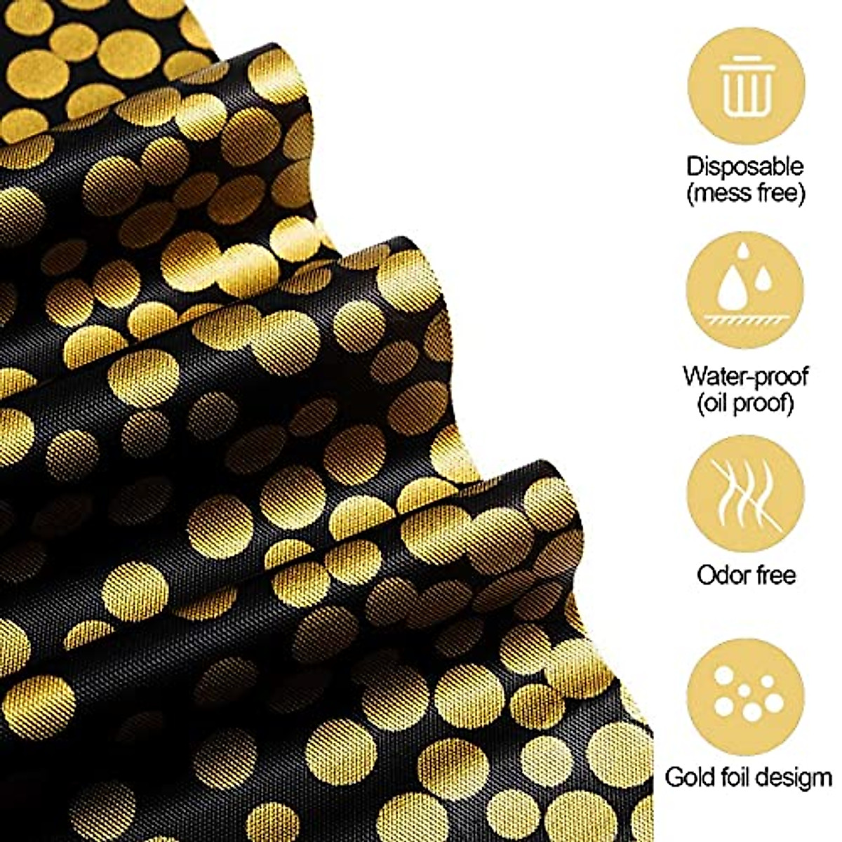 FECEDY 4 Packs 54"x108" Gold Wave Point Black Disposable Plastic Table Cover Waterproof Tablecloths for Rectangle Tables up to 8 ft in Length Party Decorations