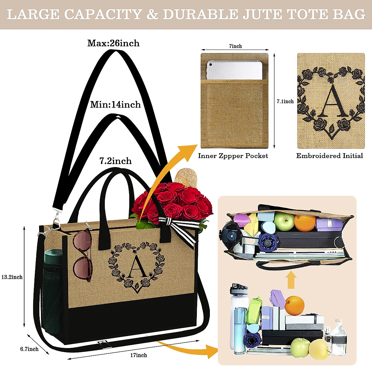 YOOLIFE Personalized Initial Jute Tote Bag, Unique Gifts for Women Beach Bag Tote Makeup Bag Large Tote Bag for Women Teacher Gifts Mom Gifts Bridesmaid Gifts Friend Birthday Gifts for Women Letter J