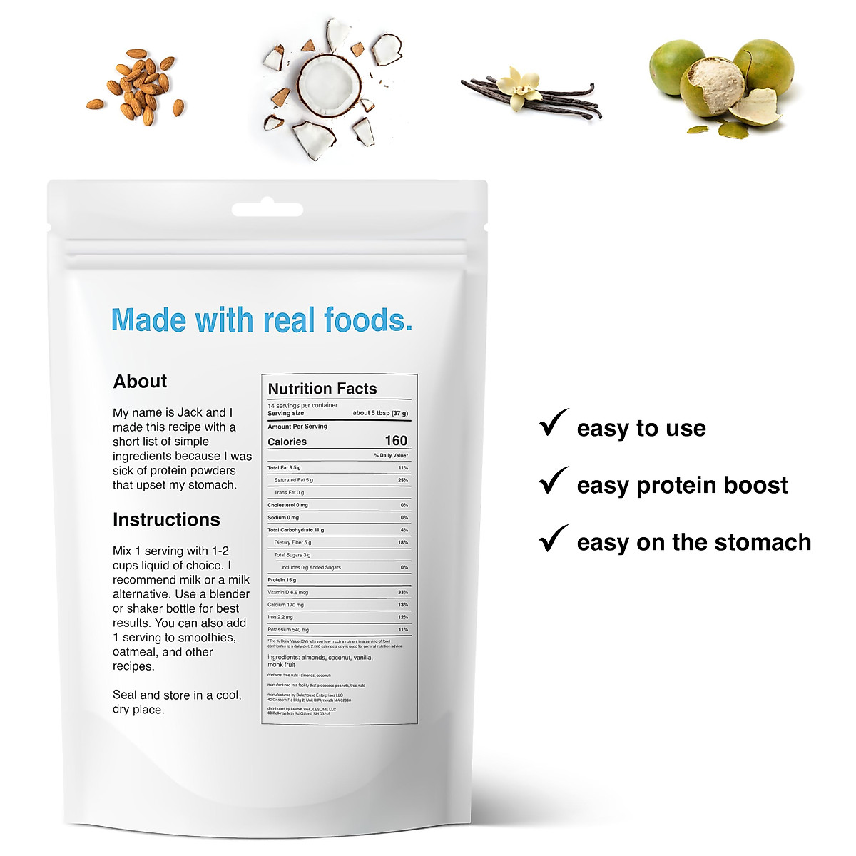 drink wholesome Vegan Vanilla Almond Protein Powder | for Sensitive Stomachs | Easy to Digest | Gut Friendly | No Bloating | 1.15 lb