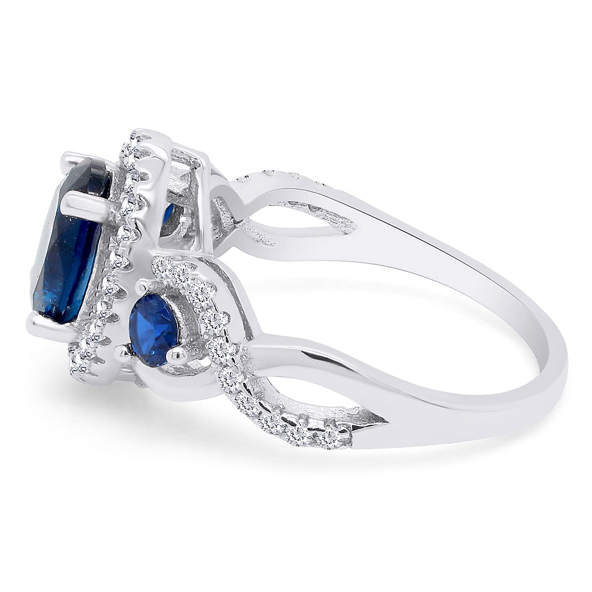 SAVEARTH DIAMONDS Three Stone, Oval Cut 8x6MM Center, Round Cut Simulated Blue Sapphire And White Cubic Zirconia Infinity Oval Halo Engagement Ring In 14k White Gold Over Sterling Silver Size-8