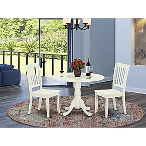 East West Furniture DLDA3-LWH-W 3 Piece Kitchen Table & Chairs Set Contains a Round Dining Room Table with Dropleaf and 2 Solid Wood Seat Chairs, 42x42 Inch, Linen White