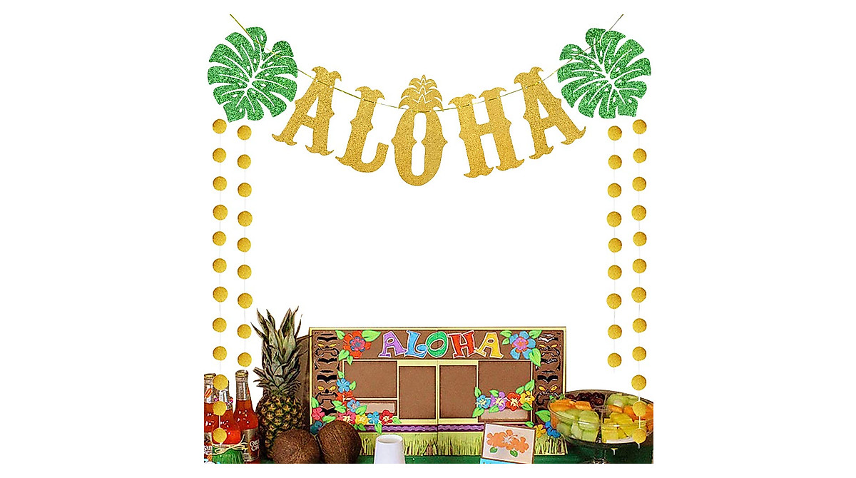 Hawaiian Aloha Party Banner - Gold Glittery Luau Decor