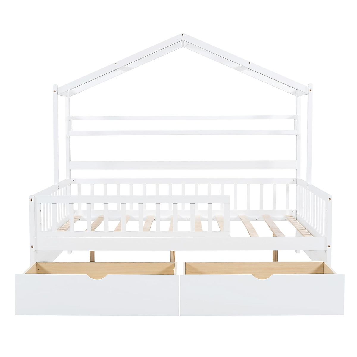 Merax Full Size House Bed with Drawers, Wooden Full Size Platform Bed Frame with Storage Shelf, No Box Spring Needed, White