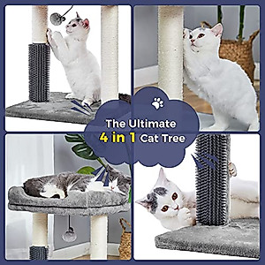 MeowSir Cat Tree 4 in 1 Cat Scratching Post Featuring with Cat Self Groomer Wide Large Top Perch Natural Scratching Post and Danging Ball for Indoor Cats-Grey