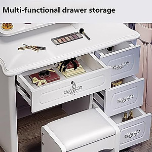 XIGOUZIQU Farmhouse Makeup Vanity Desk with Sliding Mirror and Lights, Tabletop Vanity Table with 5 Drawers & Shelves, Dressing Table Vanity Set for Bedroom, Stool Included (Color : Right)