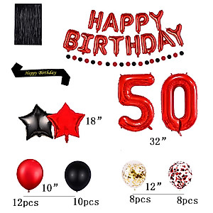 Red 50TH Birthday Party Decorations Supplies Red theme 16inch Red Foil Happy Birthday Balloons Banner Happy Birthday sash Foil Black Curtains Foil Balloons Number Red 50 Risehy