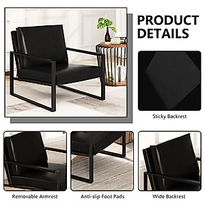 AWQM Modern PU Leather Accent Chair Arm Chair with Extra-Thick Padded Backrest and Seat Cushion Sofa Chairs for Living Room Bedroom, 105 Degree Slant Back, Non-Slip Adsorption Feet, Black