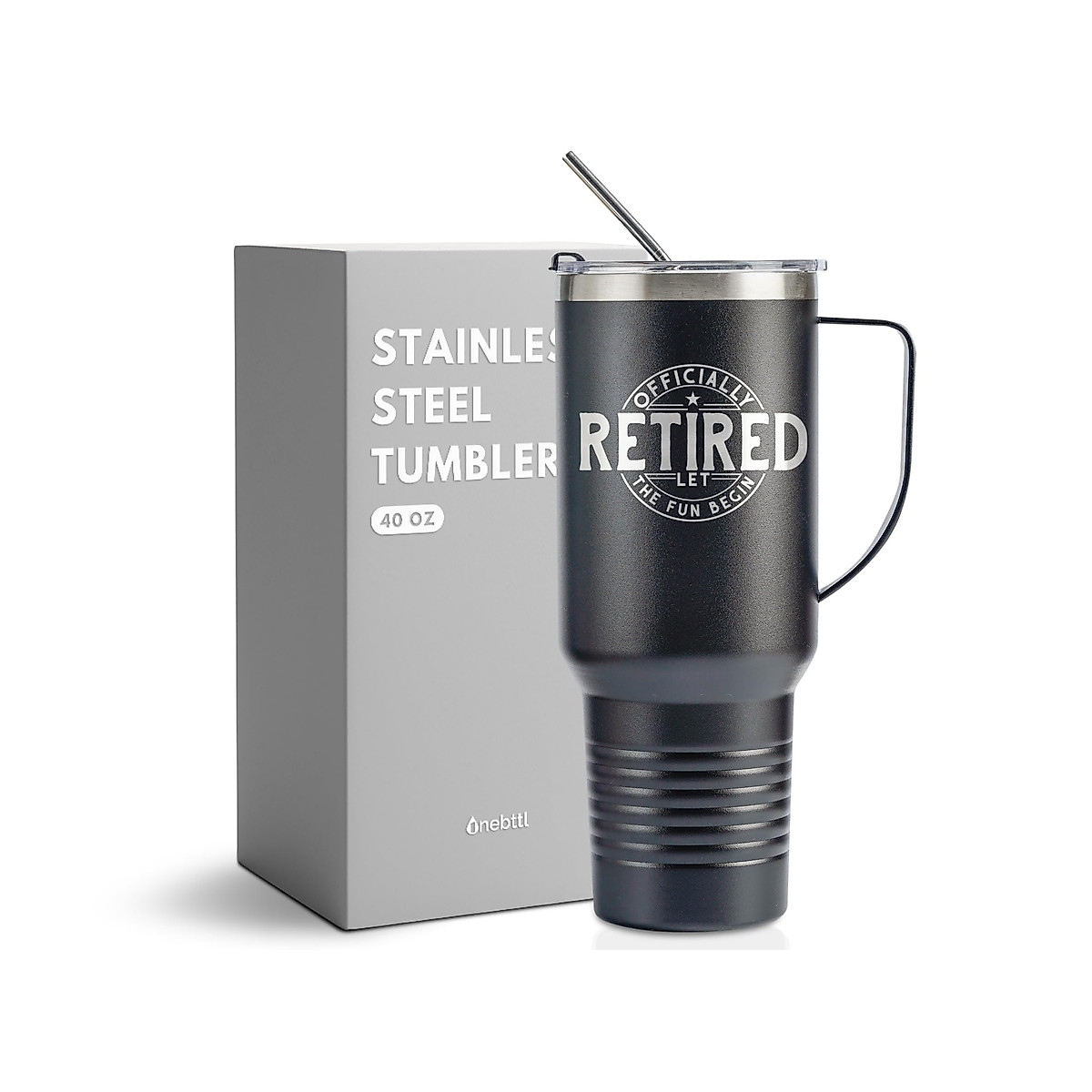 Onebttl Retirement Gifts for Men, Retirement Tumbler for Men 40oz Insulated Travel Cup with Handle, Retired Gifts for Dad, Grandpa, Friends, CoWorker (Black, Officially)