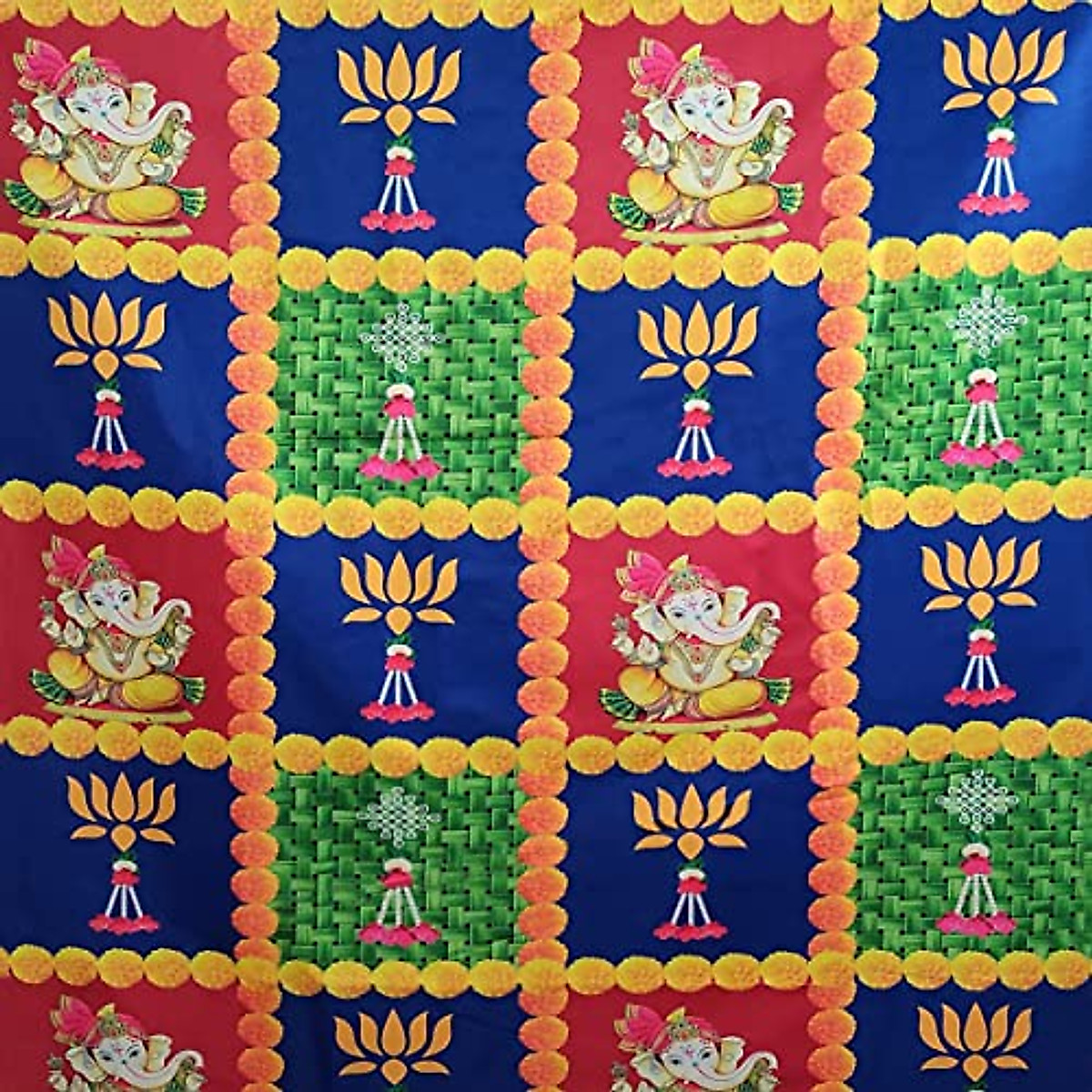 SATVIK 8x5ft. Fabric Backdrop for Ganpati Pooja Pujan Décor Puja Cloth Backdrop Mehndi Diwali Festival Marigold Garland Lotus Floral Tulle Curtain Wedding Bridal Anniversary Baby Shower Wall Banner