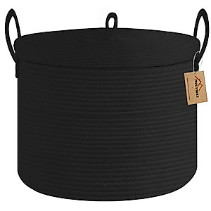 MEGASKET Black Basket with Lid, 20" X 15" Large Wicker Baskets for Organizing, Woven Cotton Rope Baskets for Storage, Kids Room Storage Toy Box Organizer and Storage Basket, Stuffed Animals basket Bin
