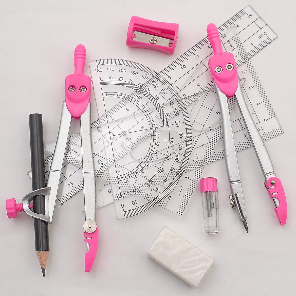 Geometry Set Maths Compasses for Students with Compasses Protractor in Carry Case, Pink