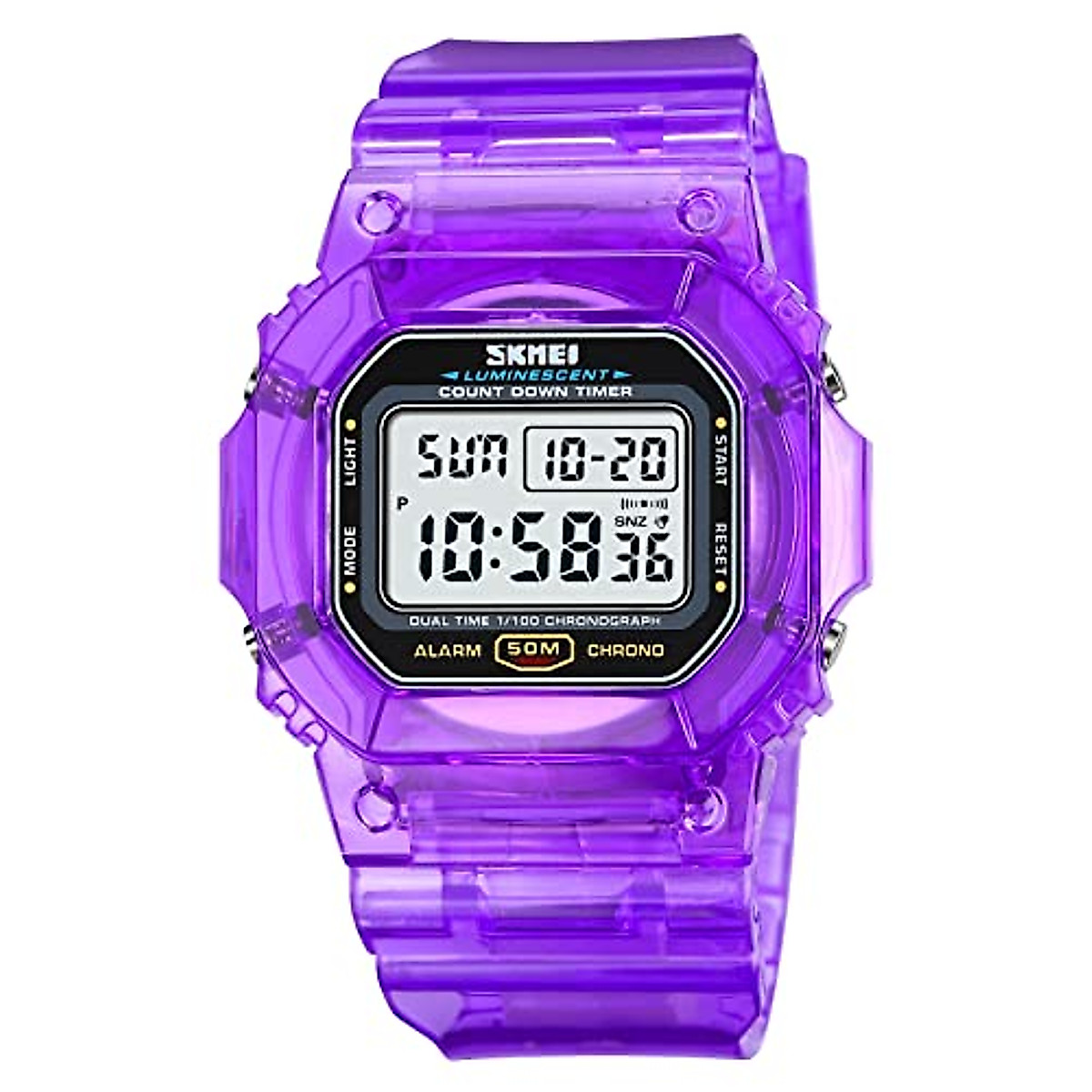 Gosasa Outdoor Sport Unisex Watches Back Light Digital Watches Transparent Multifunctional Wristwatch Casual Style Stopwatch Date 5Bar Waterproof (Purple)