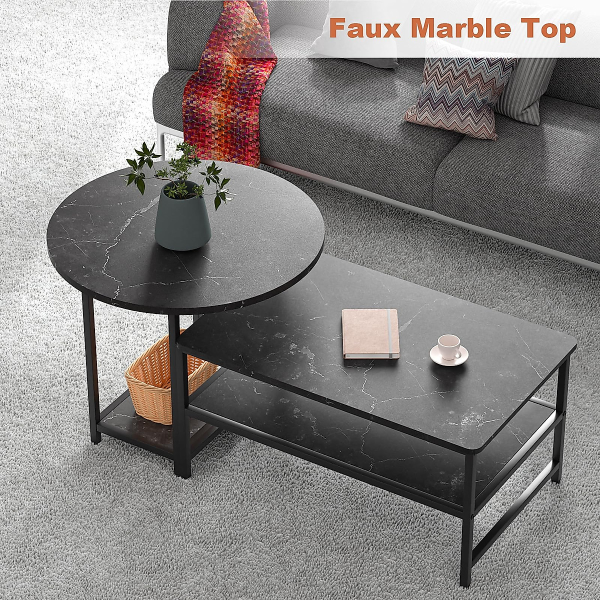 WOHOMO Coffee Table, Black Modern Coffee Tables for Living Room 2 in 1Detachable Small Center Table Set with Storage, Black Marble