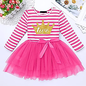 Baby Girls Shinny Stripe Long Sleeve Printed Princess Casual Birthday Tutu Tulle Dress Hot Pink Crown(Two Years)