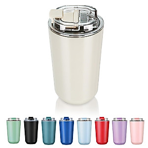 Puraville Insulated Tumblers with Lid, 14 oz Travel Coffee Mug Stainless Steel Vacuum Thermos Cup, 10/14 oz Leak Proof Reusable Double Walled Coffee Tumbler for Iced and Hot Drinks,Cream