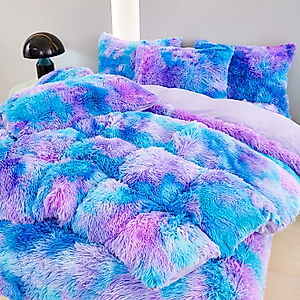 SUCSES Blue Purple Fluffy Twin Bedding Sets for Girls 3Pcs Faux Fur Plush Shaggy Kids Duvet Cover Set Twin Size Tie Dye Velvet Furry Comforter Cover Set (Blue Purple, Twin)