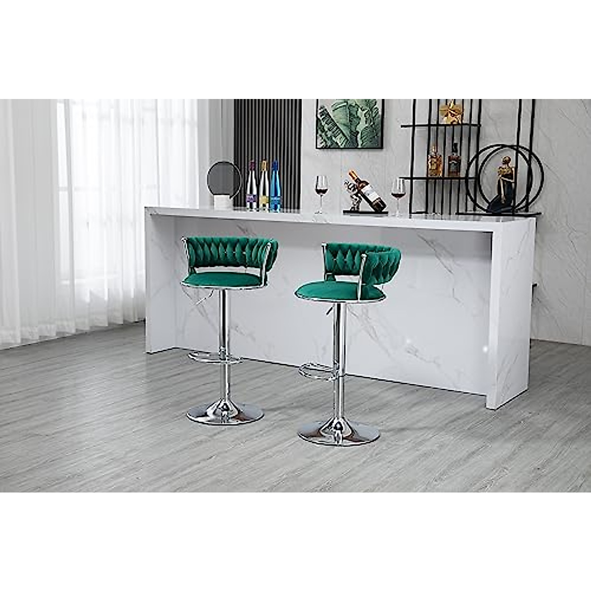 Kakotito 360° Velvet Swivel Bar Stools with Low Back & Footrest, Adjustable Counter Barstools, Silver Bar Stool (Set of 2 - Silver Version, Emerald)