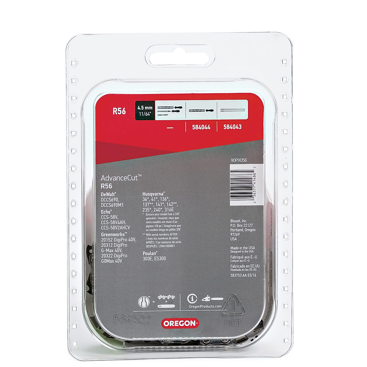 Oregon R56 AdvanceCut Chainsaw Chain for 16-Inch Bar -56 Drive Links – low-kickback chain fits Greenworks, Makita, EGO, DeWalt and more