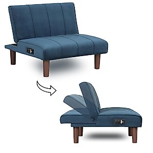 JUBILOOM Comfy Small Mini Couch, Recliner Futon, Armless Mini Sofa with Adjustable Backrest& 3 USB Port, Single Sofa Couches for Small Spaces, Living Room Office, Blue Velvet, 305BL1USB