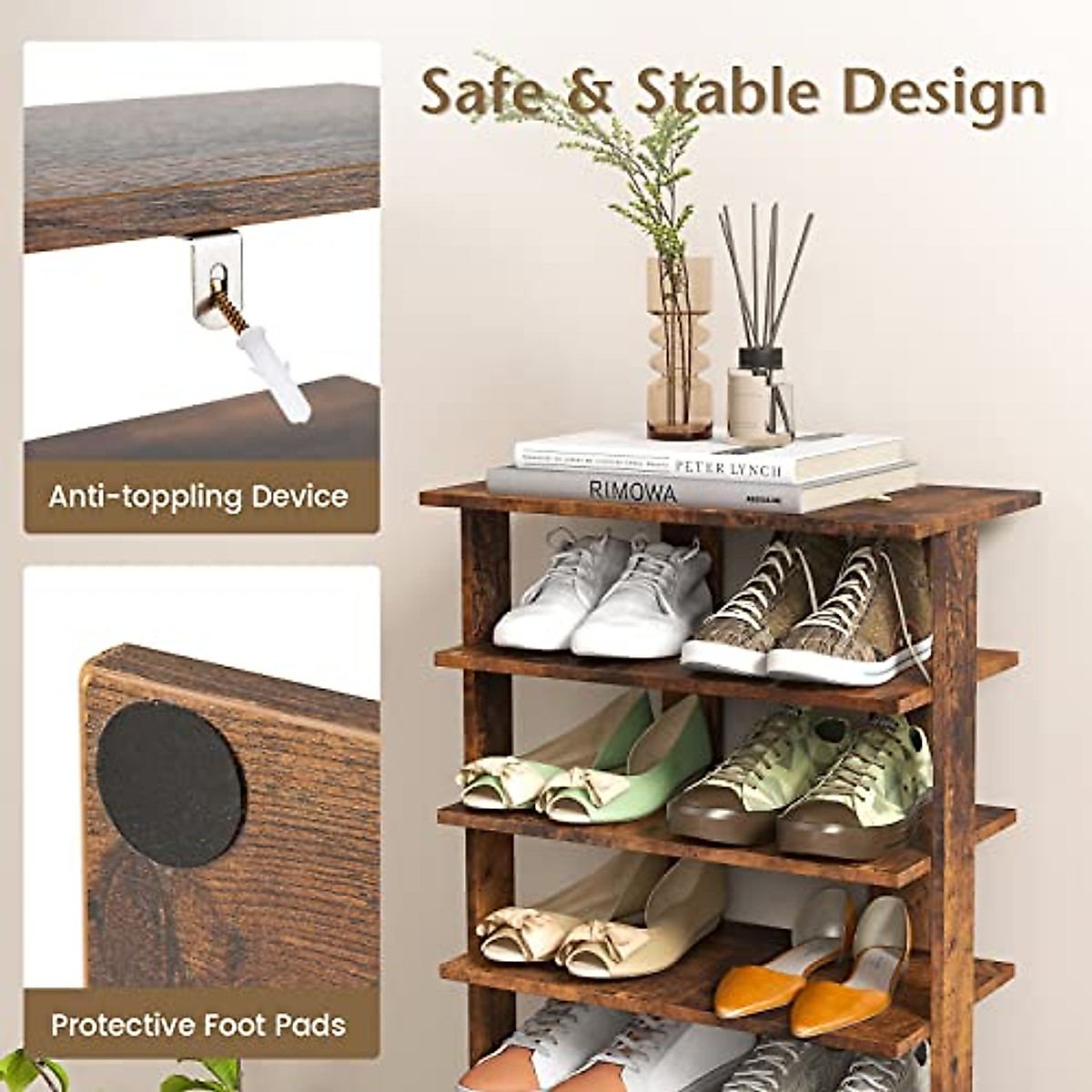 Tangkula 7-Tier Vertical Shoe Rack, Patented Entryway Wooden Double Rows Shoes Rack with Anti-Toppling Device, Narrow Shoe Rack Organizer, Space Saving Shoes Storage Stand for Front Door
