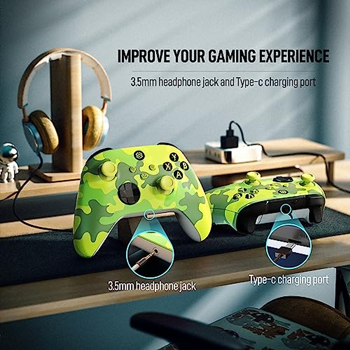 PPKKAI Controller with Wireless Adapter for Xbox One, Xbox Series X/S, Xbox One X/S, PC, 2.4GHZ Controller with 3.5mm Headphone Jack(Camo)
