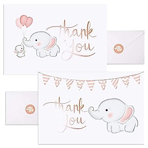 Baby Shower Thank You Cards with Envelopes for Girl. 50 Elephant Pink Thank You Cards Baby Shower with Envelopes for Baby Thank You Notes - Blank Inside Baby Shower Card Pack with Sealing Stickers…