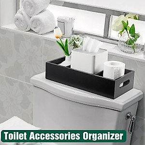 14 Inch Bathroom Basket with Removable Dividers - 3 Comparments Wood Toilet Paper Basket with Handle for Back of Toilet Tank Topper - Black Storage Organizer for Bathroom Kitchen Pantry Organization