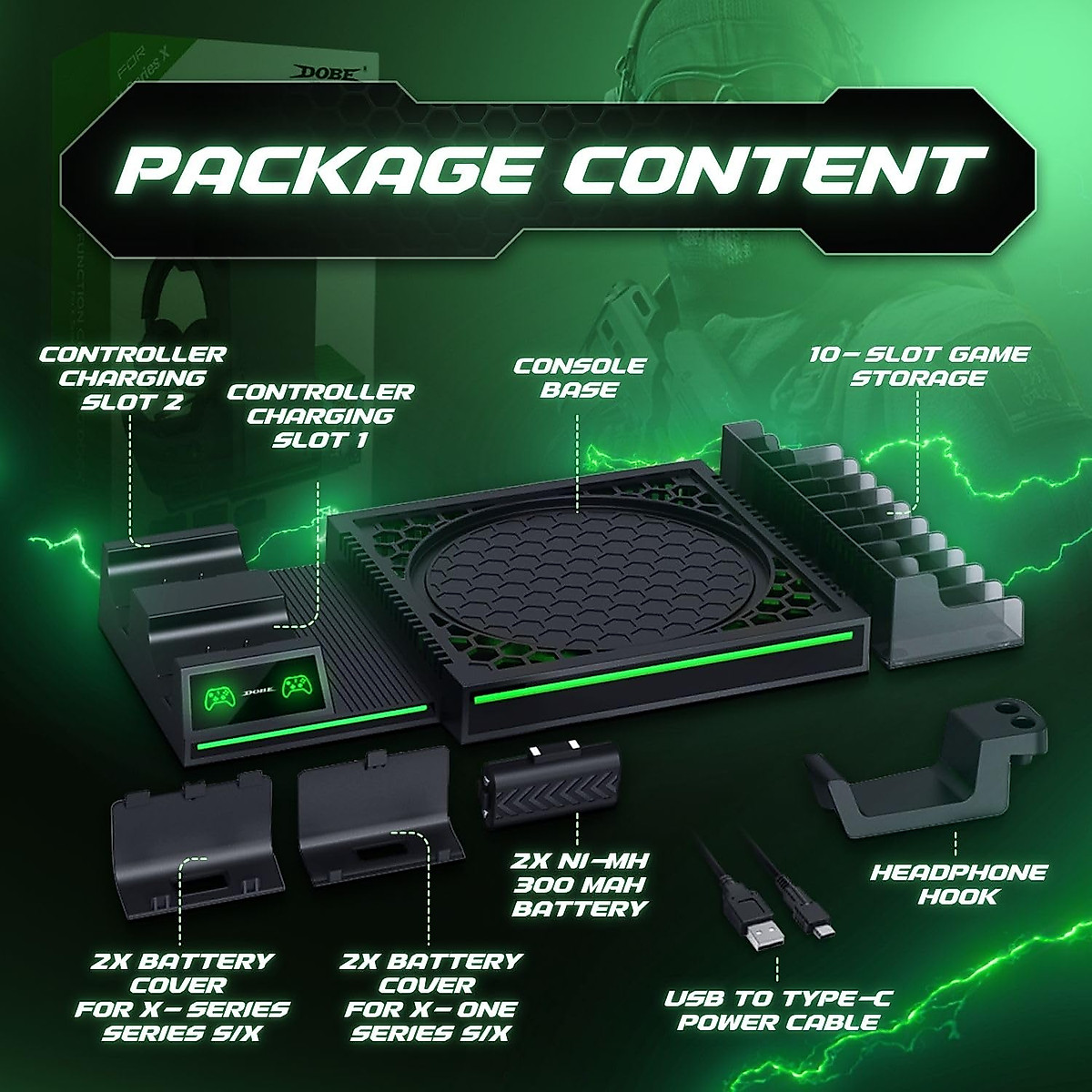 TNP Vertical Stand for Xbox Series X - Series X Charging Station for Controller with 2 Pack 300mAh Rechargeable Battery for Xbox Series X Controller - 10 Slot Game Storage and Headset Hook
