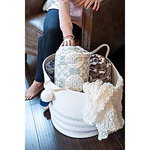 Sweetzer & Orange Extra Large Woven Cotton Rope Storage Basket with Pom-Poms – 16.5”x20.5” - Blanket Storage Baskets, Laundry and Toy Storage, Nursery Hamper - Off White/Navy XXL for Living Room