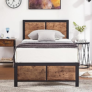VECELO Twin Platform Bed Frame with Rustic Vintage Wood Headboard, Mattress Foundation, Strong Metal Slats Support, No Box Spring Needed