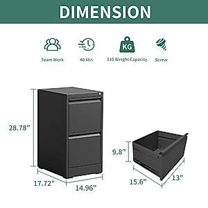 BIZOEIRON 2 Drawer File Cabinet with Lock, Metal Vertical Filing Cabinets for Home Office, Steel Storage Cabinet for Hanging Legal/Letter Size Files, Assembly Required (Black)