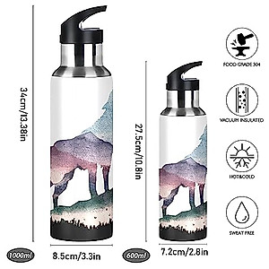 Kigai Cute Wolf Stainless Steel Sports Water Bottle BPA-Free Vacuum Insulated Leakproof Wide Mouth Flask with Straw Lid Keeps Liquids Cold or Hot for Gym Travel Camping