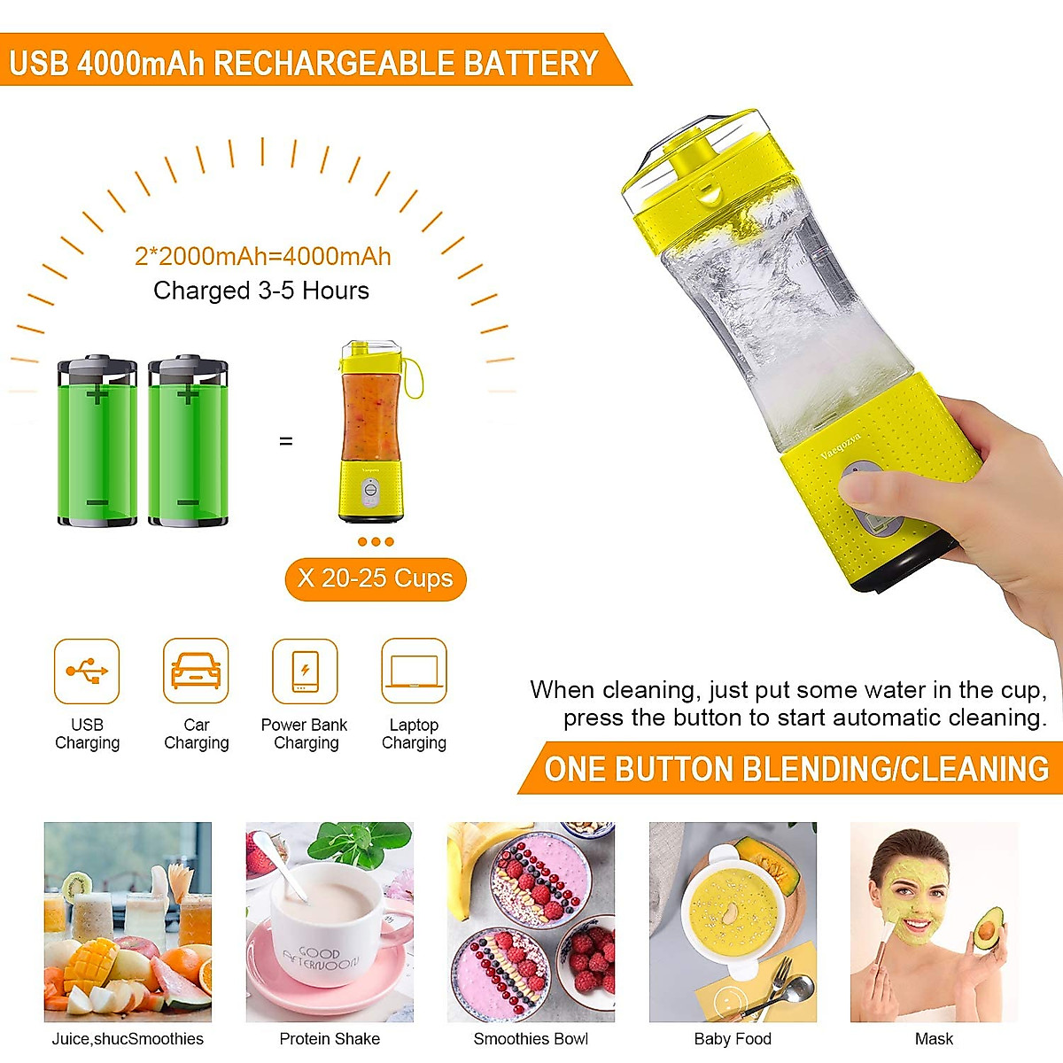 Portable Blender, Personal USB Rechargeable Juice Cup for Smoothie and Protein Shakes Mini Handheld Fruit Mixer 13Oz Bottle for Travel Gym Home Office Sports Outdoors Yellow