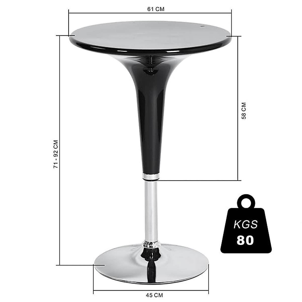 AMNOOL 24 Inch Round Bar Table High Cocktail Table Adjustable Height Margarita Cocktail Glass Shape with Round Metal Base for Living Room, Bar, Cafe (Black)