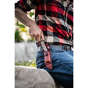 Uncle Henry 153UH Next Gen Golden Spike Knife with 5in High Carbon S.S. Fixed Blade, Staglon Handle, Sharpening Stone, and Leather Belt Sheath for EDC, Hunting, Survival, Camping, and Outdoors