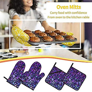 Purple Circles Oven Mitts and Pot Holders Set Heat Resistant Oven Gloves Flexible for Kitchen Cooking Baking Grilling Microwave