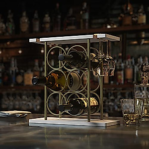 LAPEPI Wine Rack with Glass Holder, Gold Frame,Countertop Wooden Wine Rack,Holds 6 Bottles and 4 Glasses freestanding Floor, Decorative Wine Storage Rack